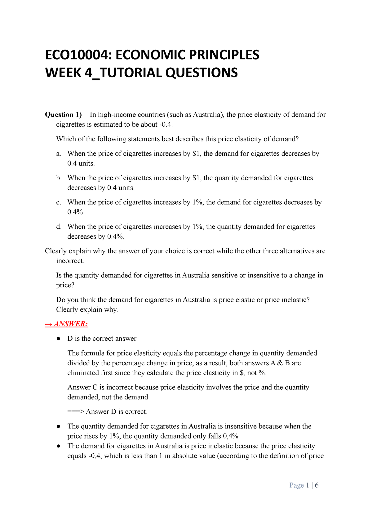 Eco10004 Week 4 Tutorial Questions Solutions Eco10004 Economic