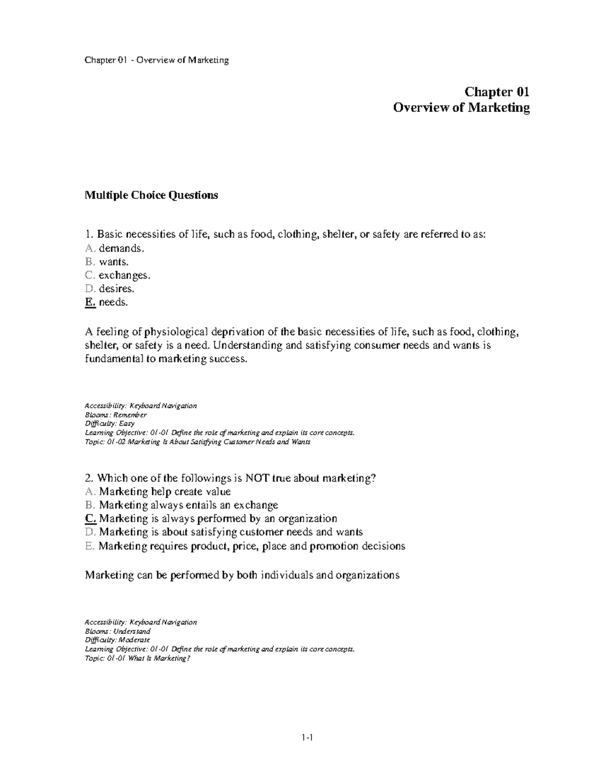 Chap001 Mcq Chapter 01 Overview Of Marketing Multiple Choice