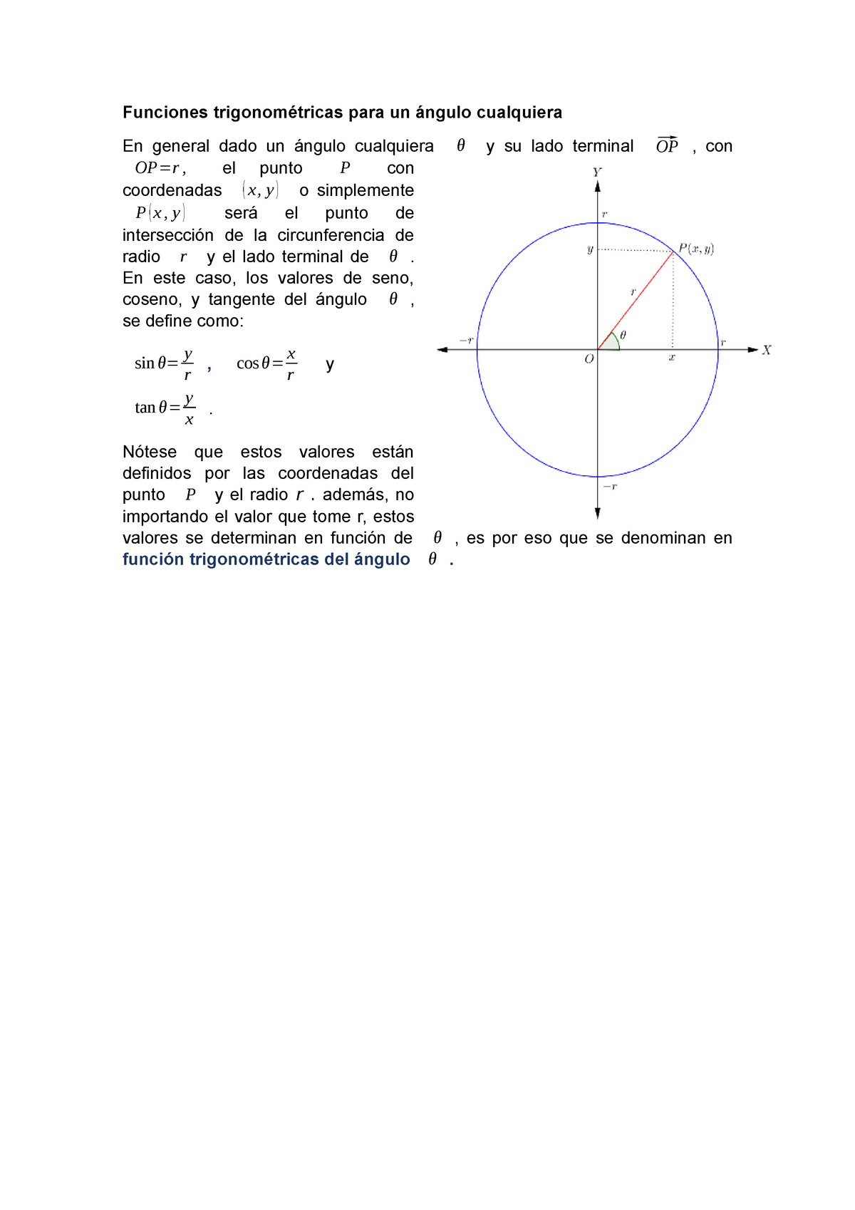 Funciones Trigonométricas Para Un ángulo Cualquiera Matematica