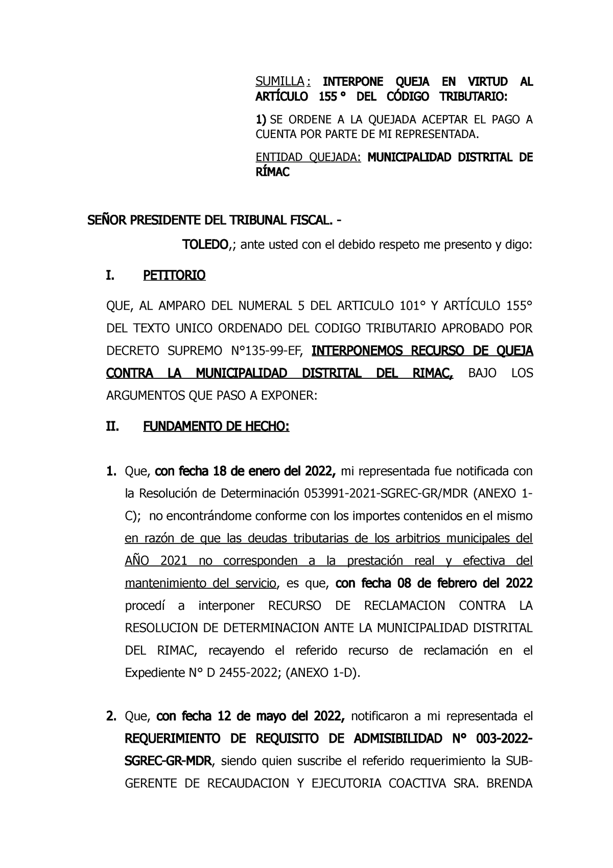 Queja Tribunal Fiscal Modelo Escrito Sumilla Interpone Queja En