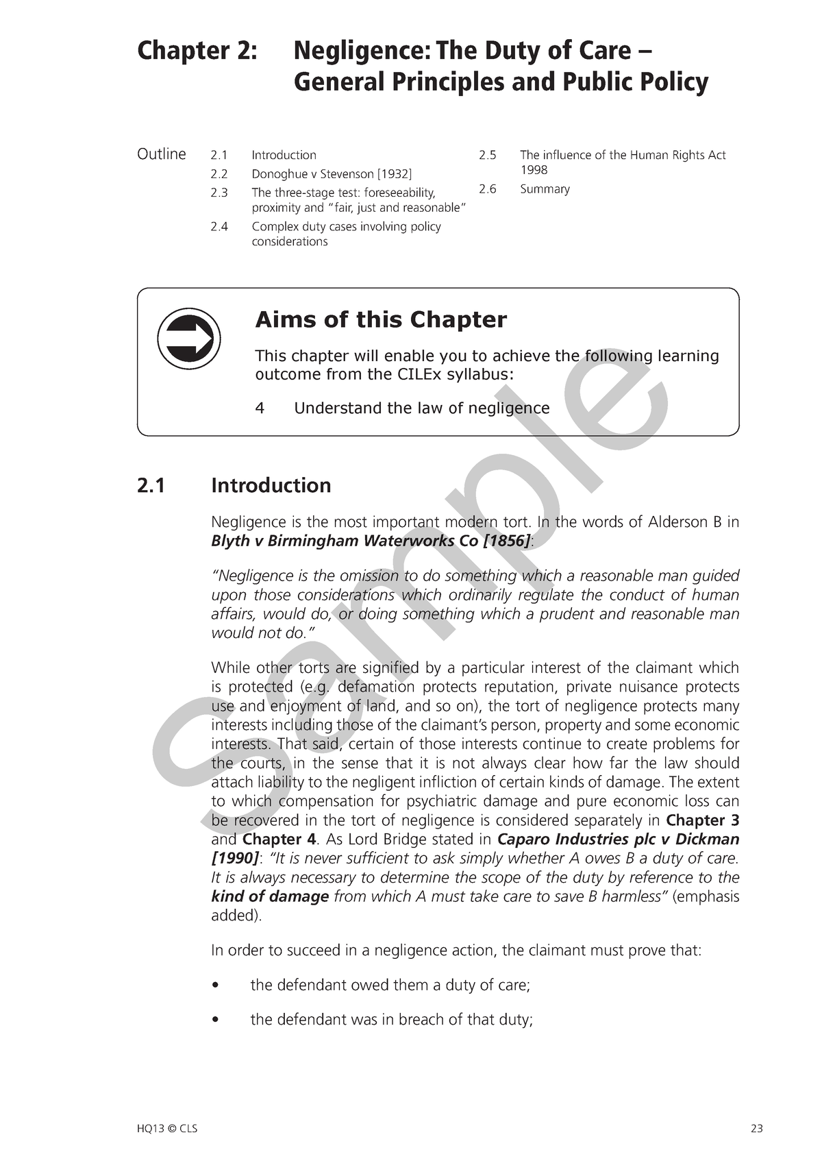 Hq13 Law Of Tort Sample 2018 Chapter 2 Negligence The Duty Of Care