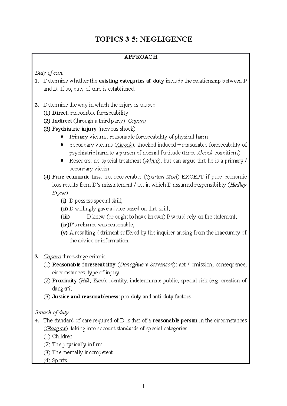 Topic 3 5 Negligence Lecture Notes 1 2 Topics 3 5 Negligence