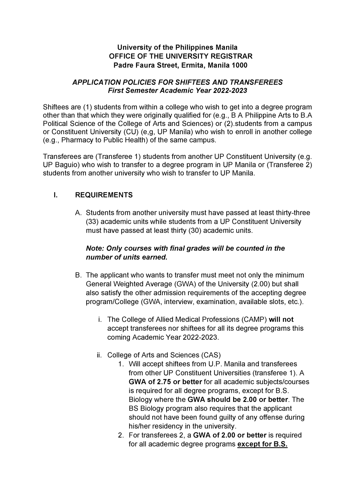 Guidelines For Shiftees And Transferees For Ay 2022 2023 Final