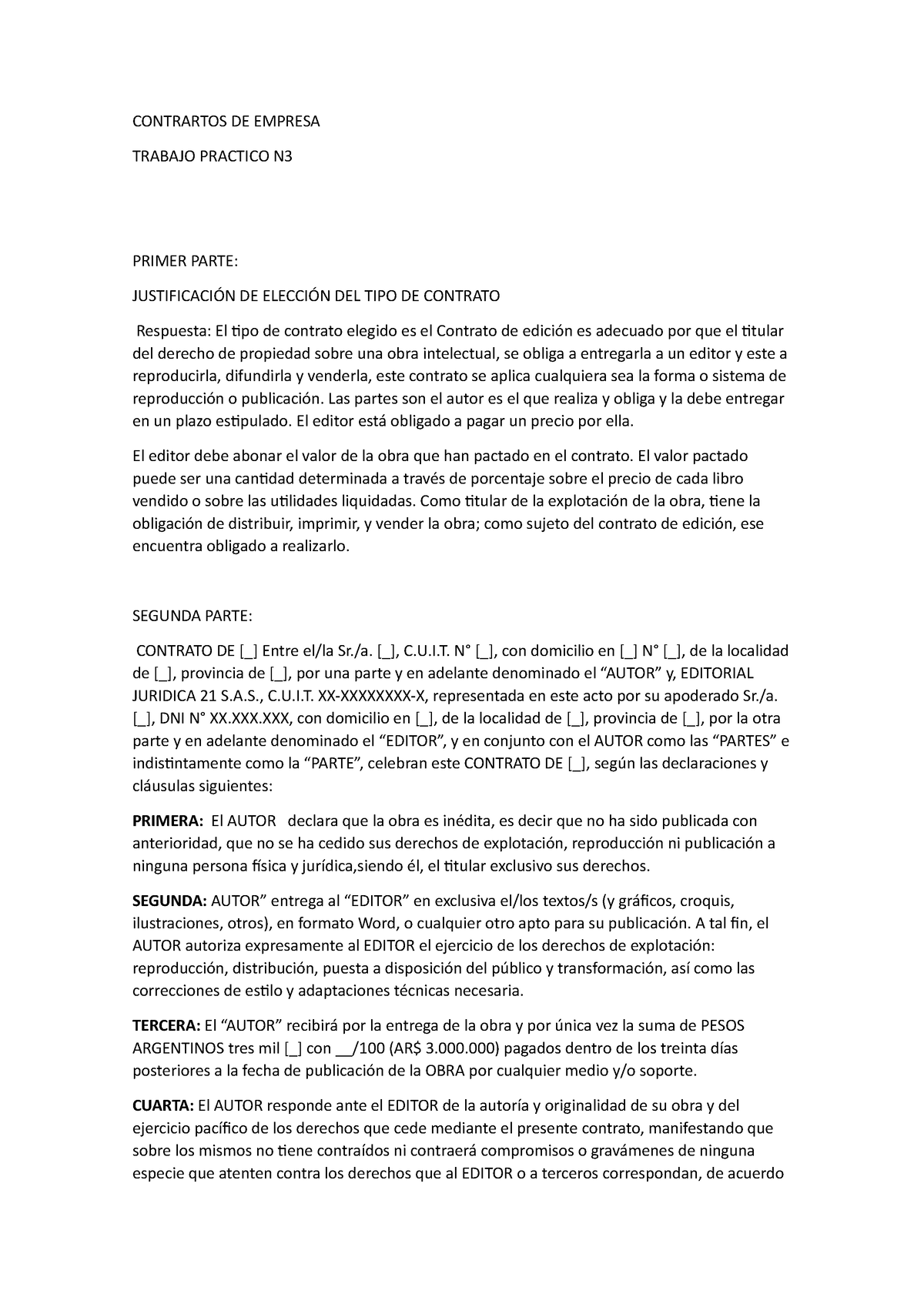 Trabajo Practico N° 3 Contratos De Empresaaaa Contrartos De Empresa