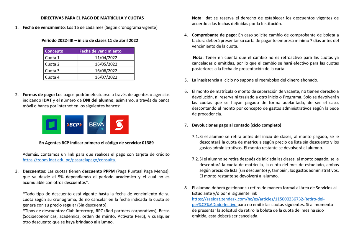 Directivas Para El Pago De Matrícula Y Cuotas 2022 Iik Idat