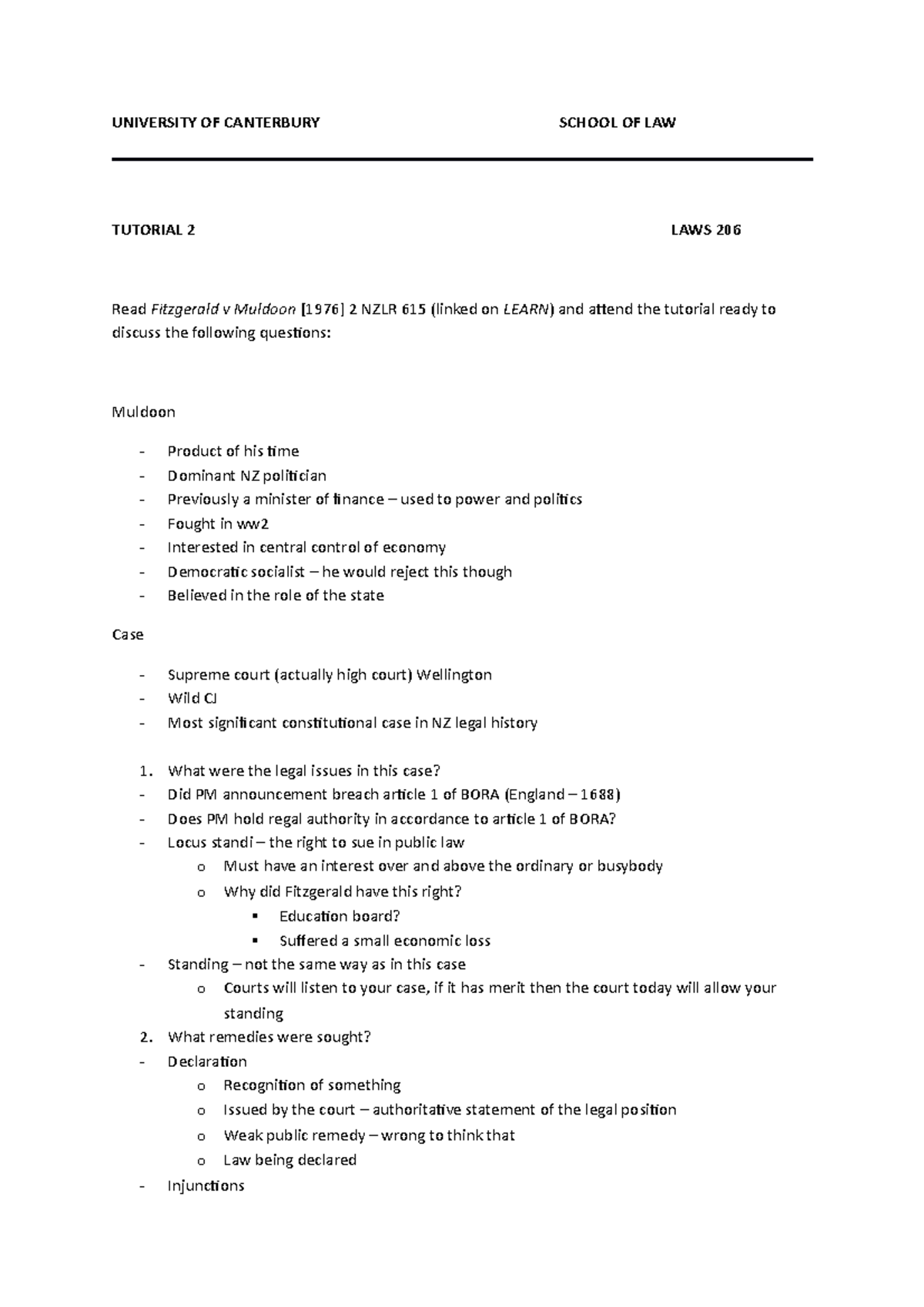 Tutorial 2 Fitzgerald V Muldoon University Of Canterbury School Of