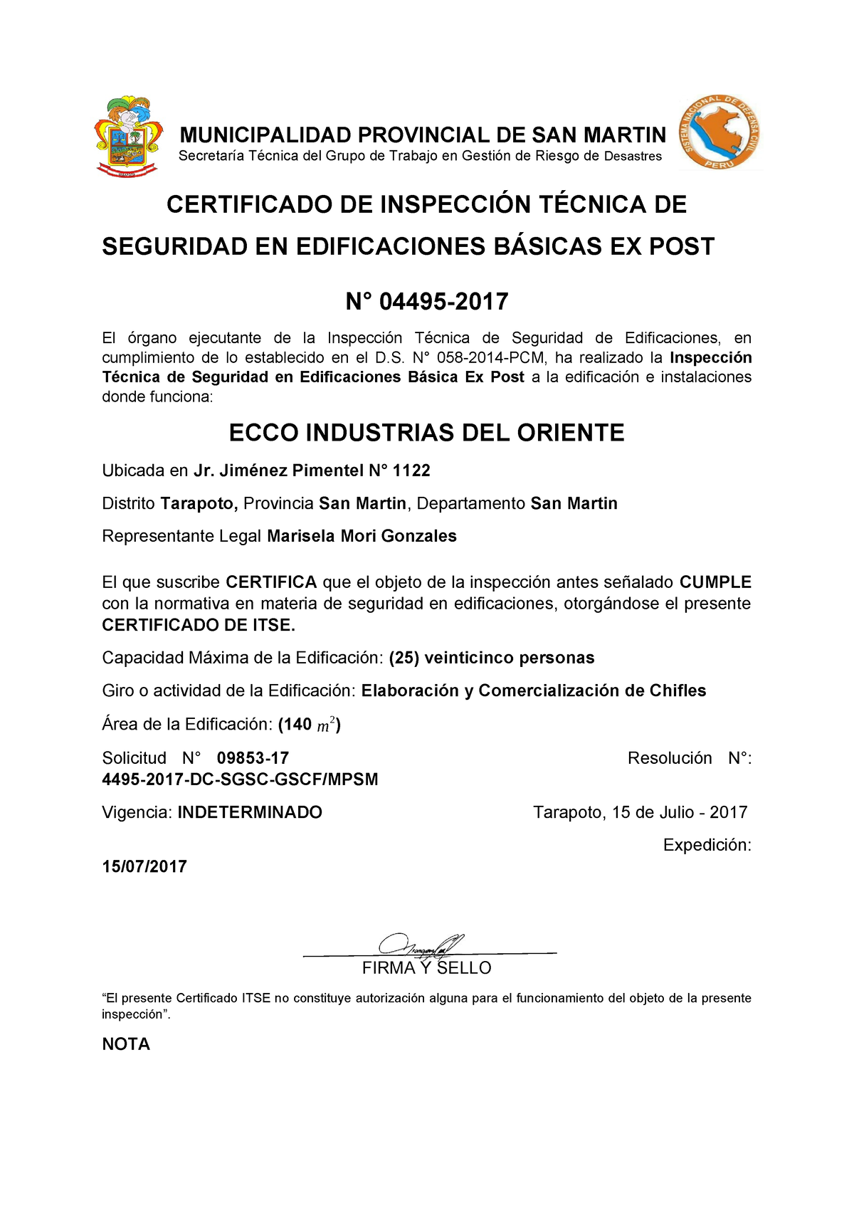 Certificado De Defensa Civil Municipalidad Provincial De San Martin