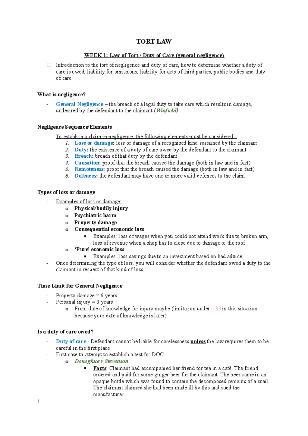 Tort Law Exam Notes Tort Law Week 1 Law Of Tort Duty Of Care