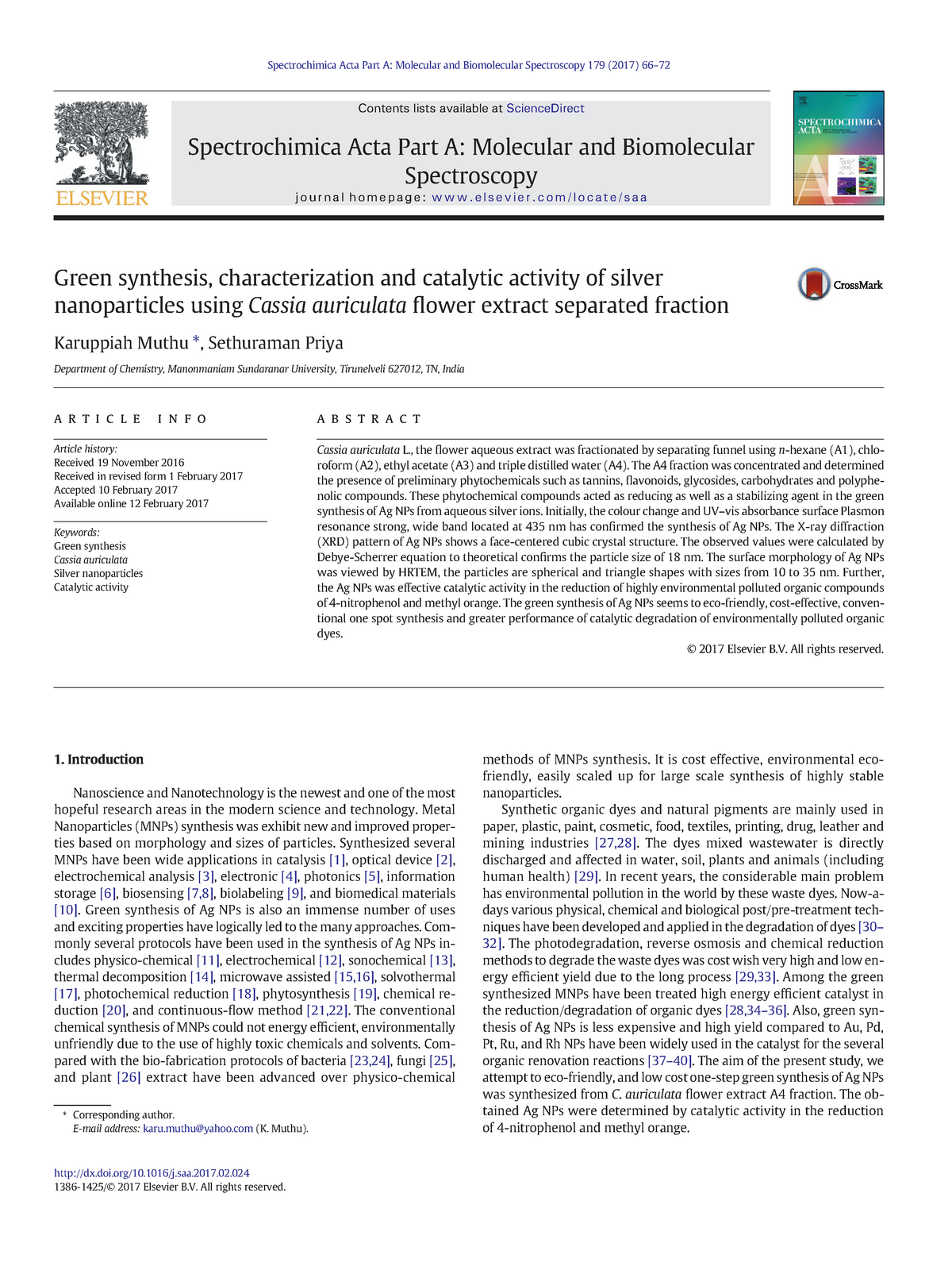 Green Synthesis Characterization And Catalytic Activity Of Silver