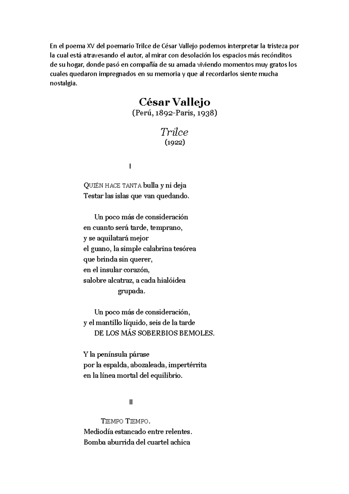 Poemas Trilce En El Poema Xv Del Poemario Trilce De César Vallejo