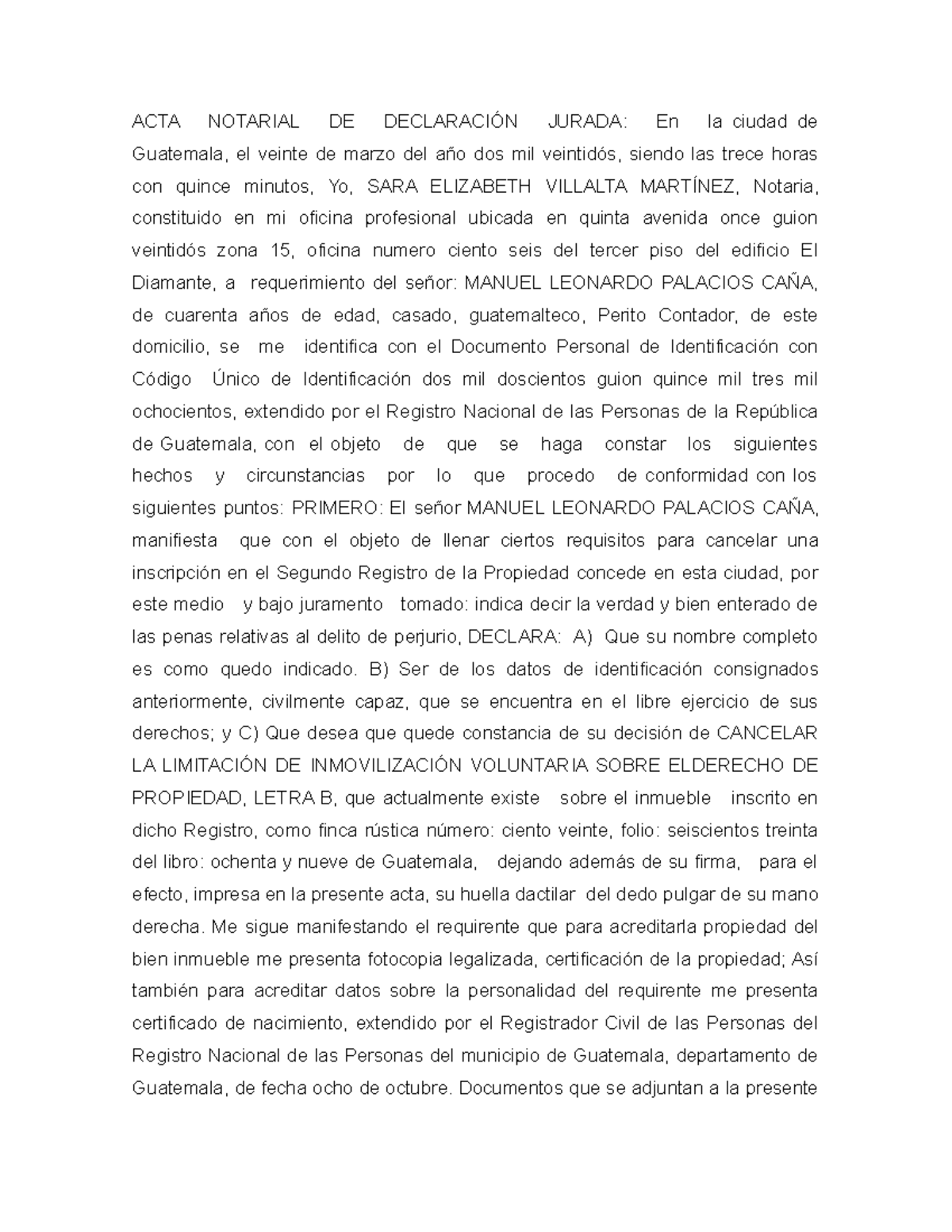 Acta Notarial De Declaración Jurada Acta Notarial De DeclaraciÓn