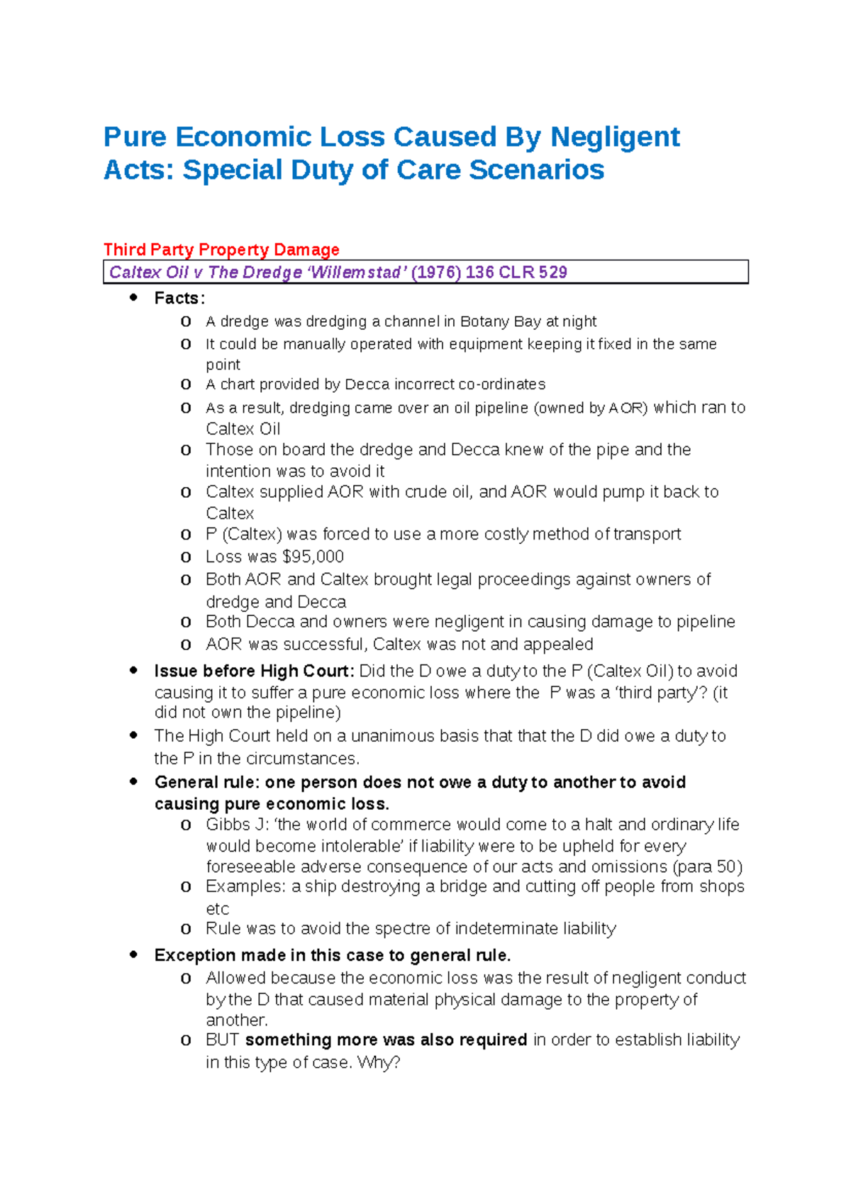 Torts B Extended Pure Economic Loss Special Duty Of Care Sample