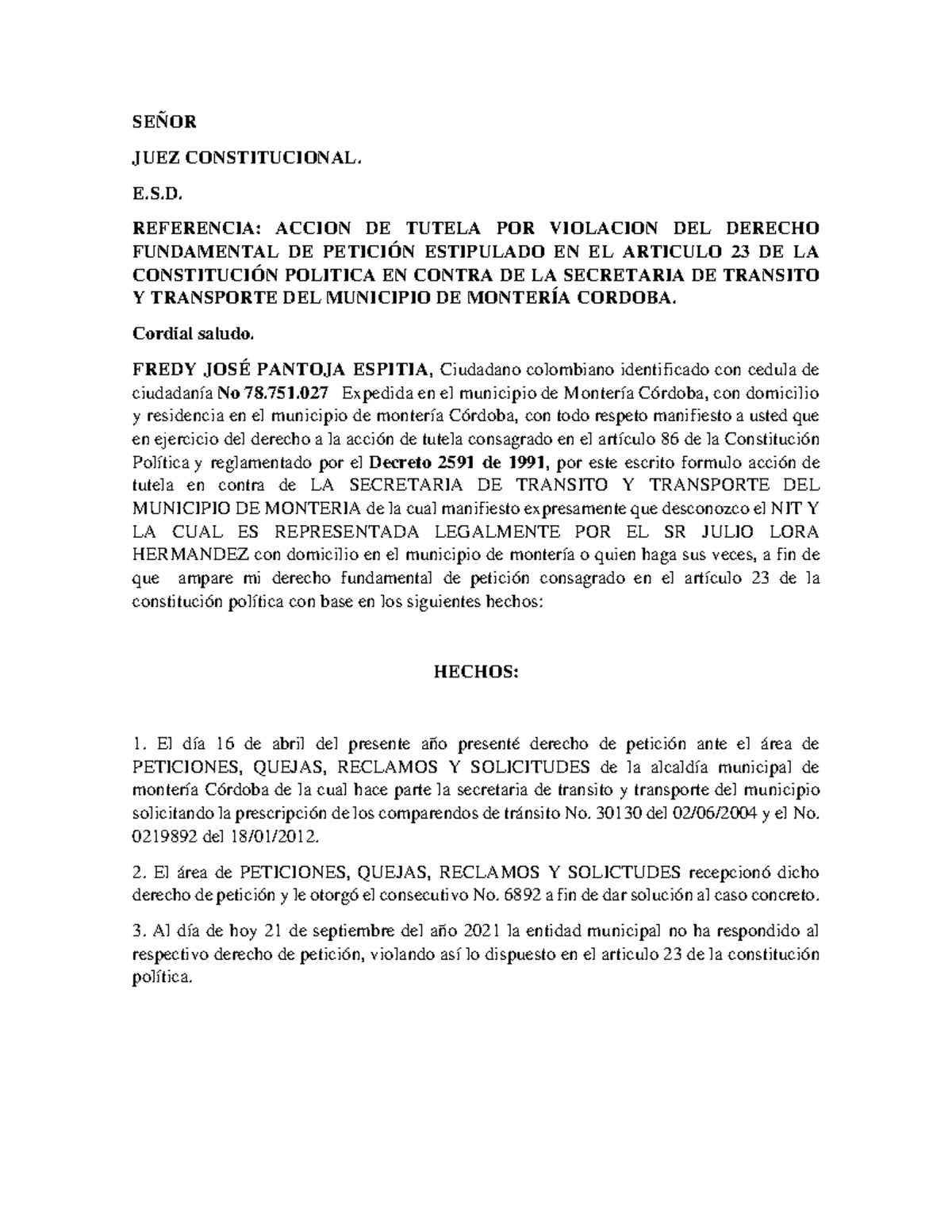 2 Acción De Tutela Por Violacion A Derecho De Petición SeÑor Juez