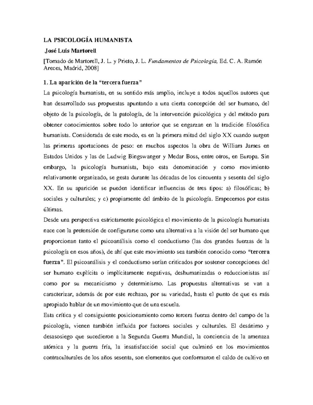 Humanista 1 Lectura La PsicologÍa Humanista José Luis Martorell