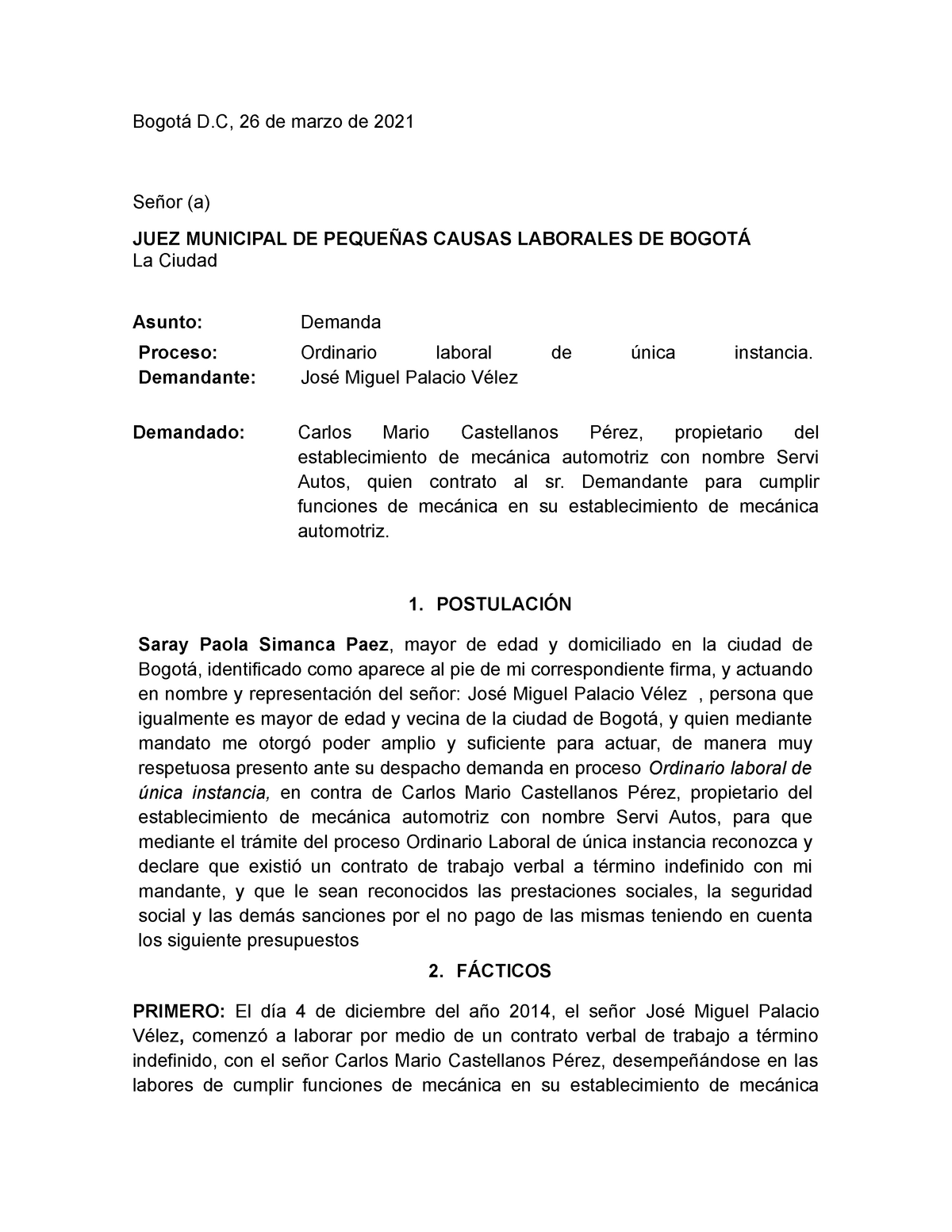 Modelo De Demanda Laboral Por Despido Injustificado P