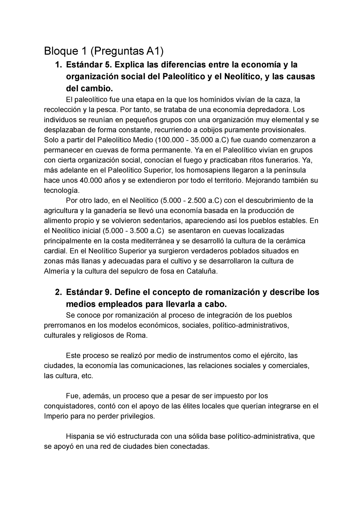 Estandares Examen Ebau Historia De España Bloque 1 Preguntas A1 1