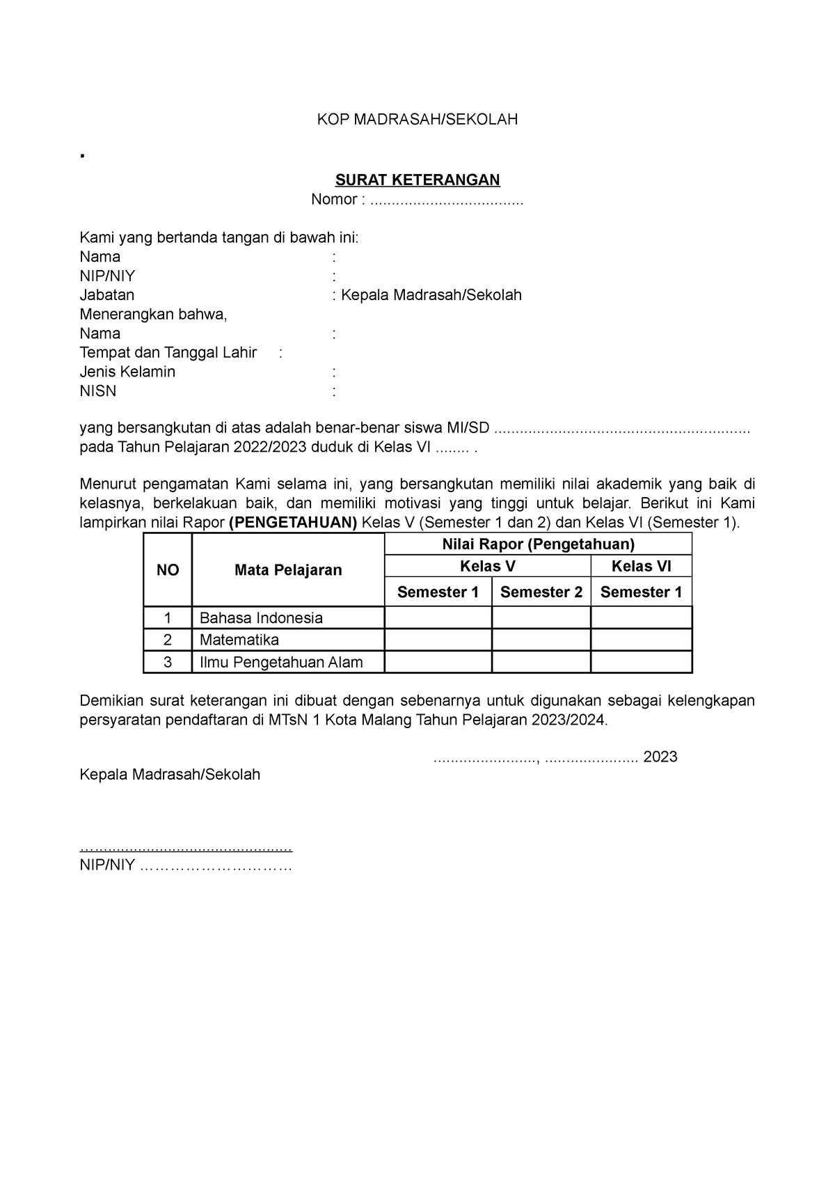 2 Surat Keterangan Rekapitulasi Nilai Rapor Ppdb 2023 2024 Kop