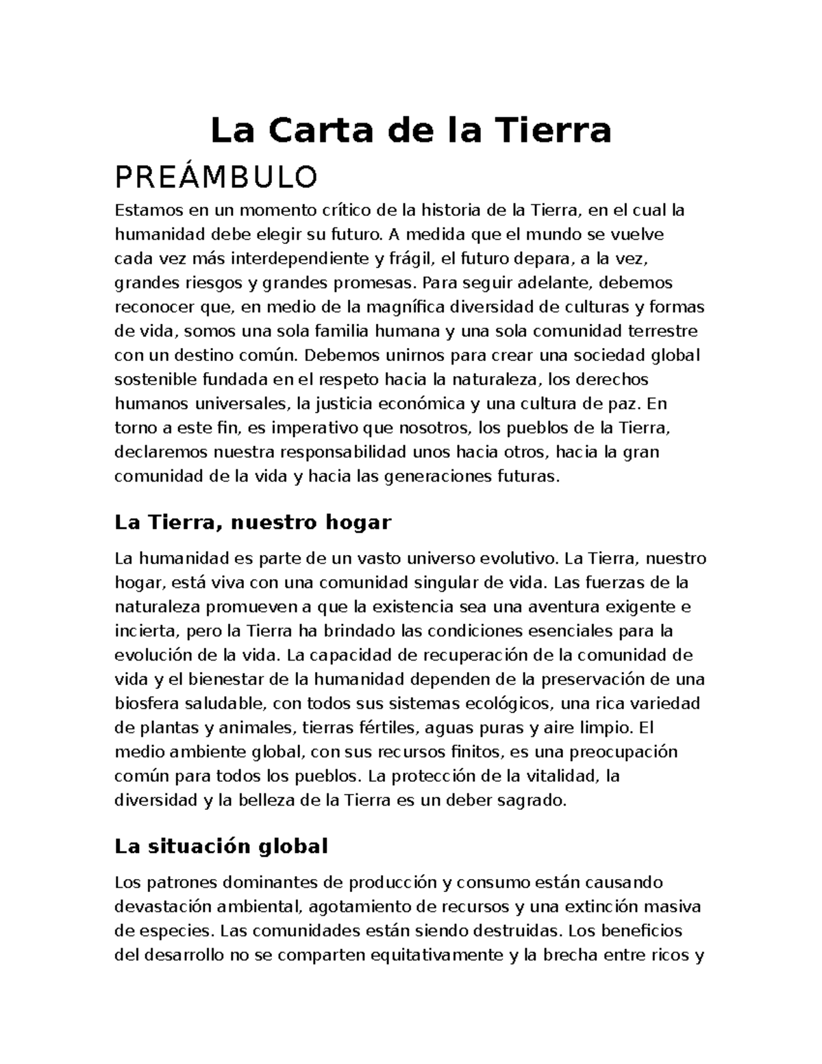 La Carta De La Tierra La Carta De La Tierra PreÁmbulo Estamos En Un