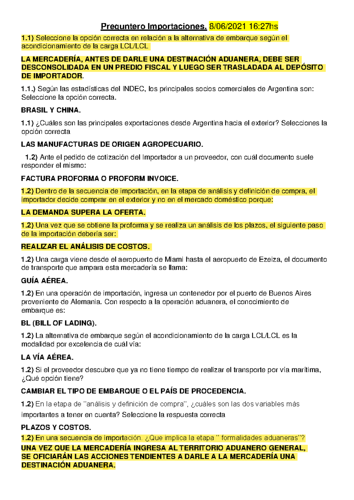 Preguntero Primer Parcial Importaciones Preguntero Importaciones 8