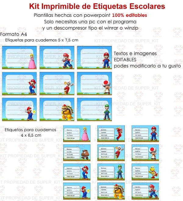 Super Mario Bros Etiquetas Escolares Editables Super Kit Imprimible