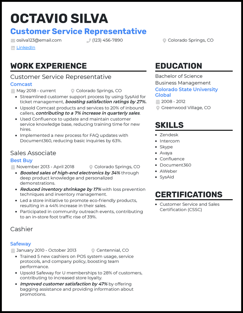 3 Customer Service Representative Resume Examples