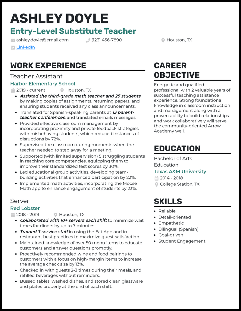 3 Entry Level Substitute Teacher Resume Samples For 2024