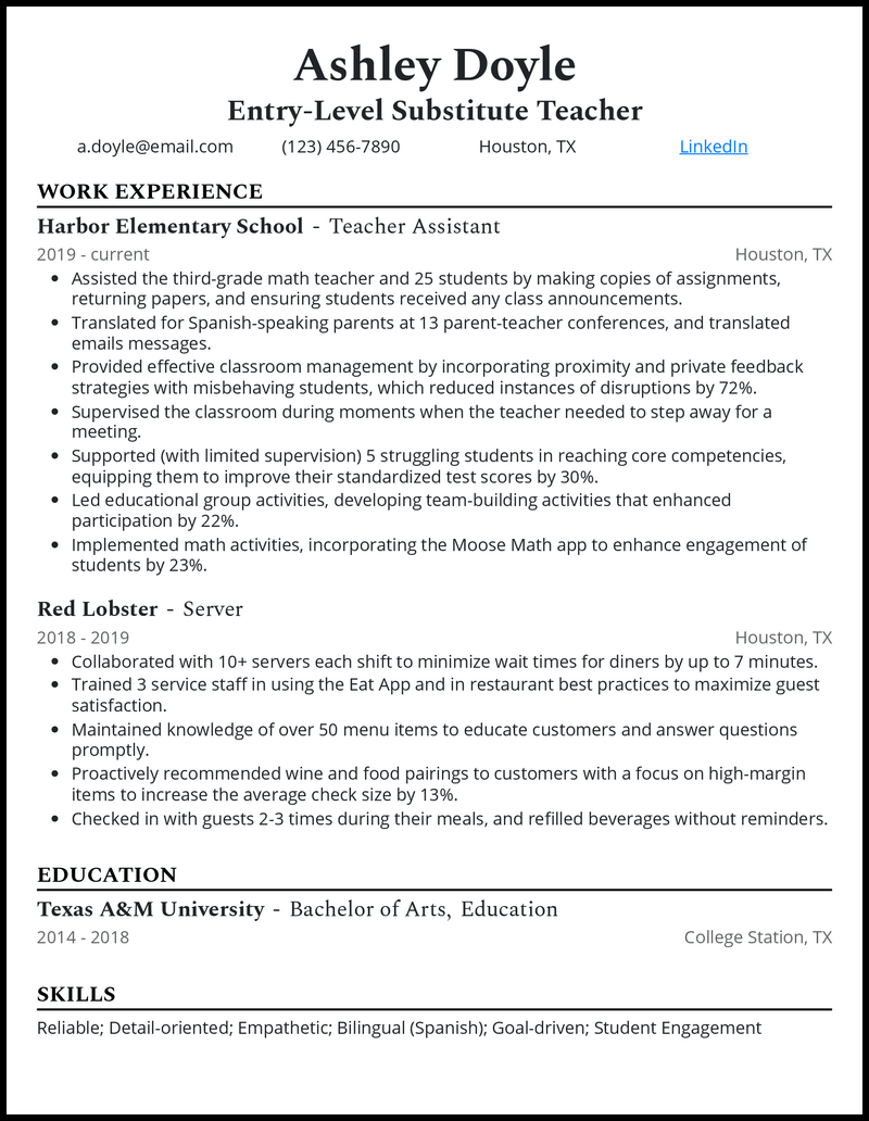 3 Entry Level Substitute Teacher Resume Samples For 2024