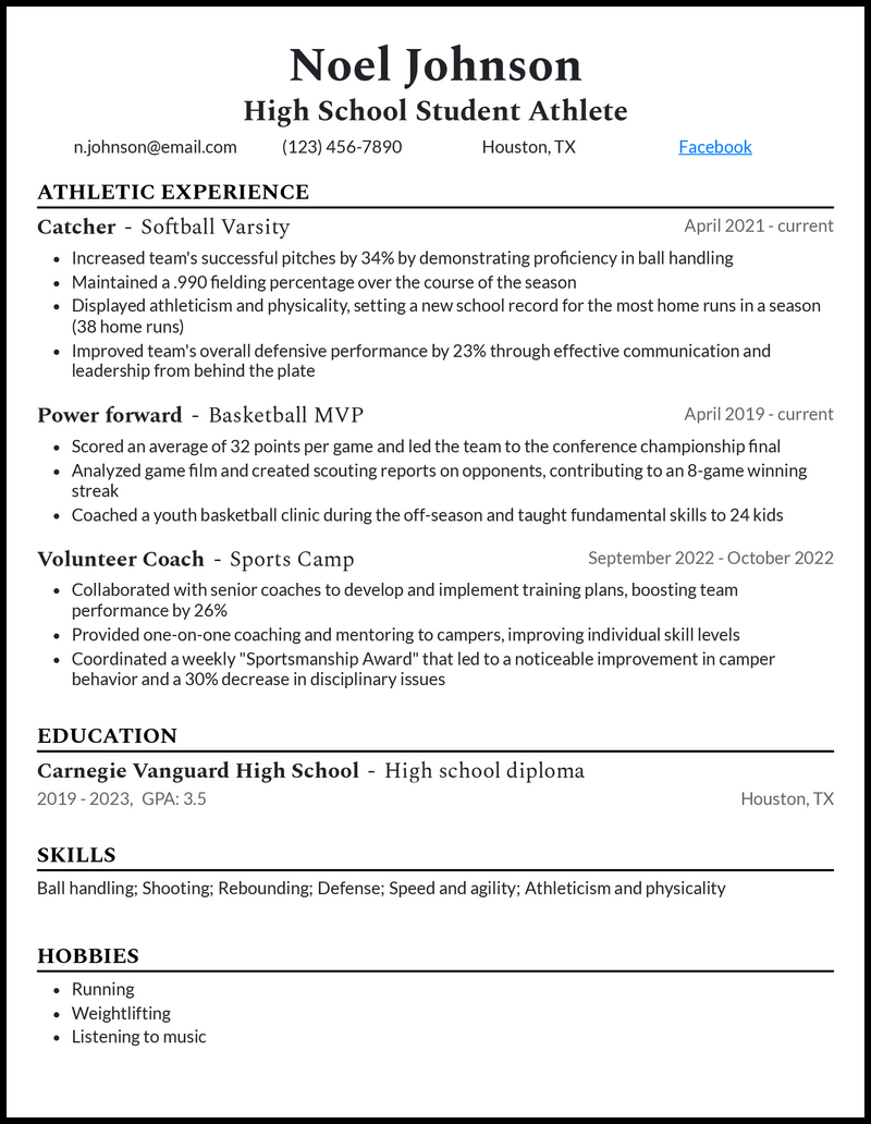 3 High School Student Athlete Resume Examples For 2024