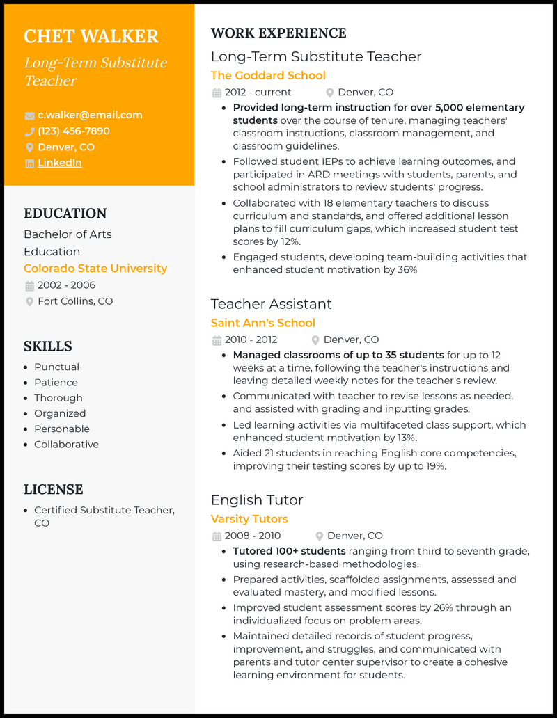 3 Long Term Substitute Teacher Resume Examples For 2024