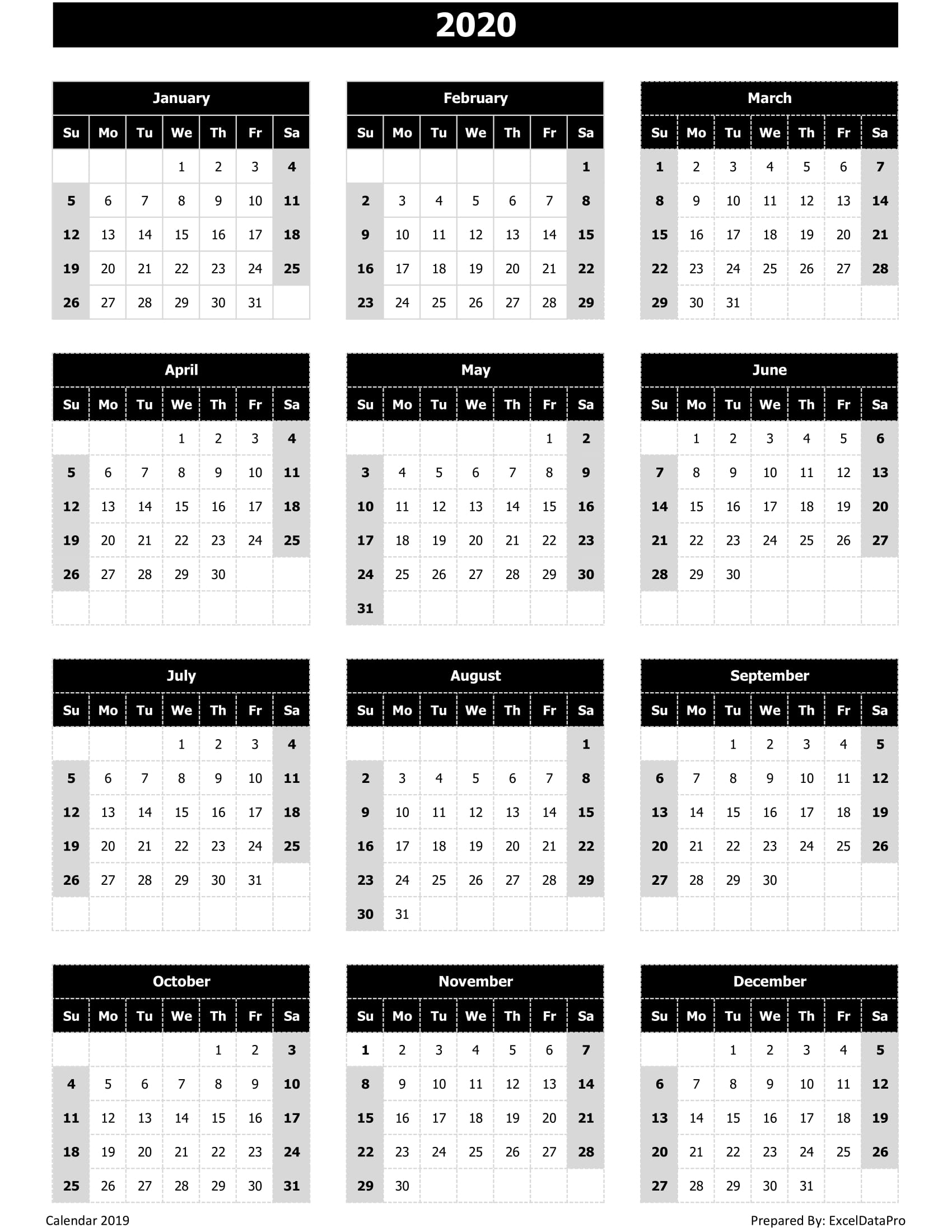 2020 Calendar Excel Templates Printable Pdfs And Images Exceldatapro