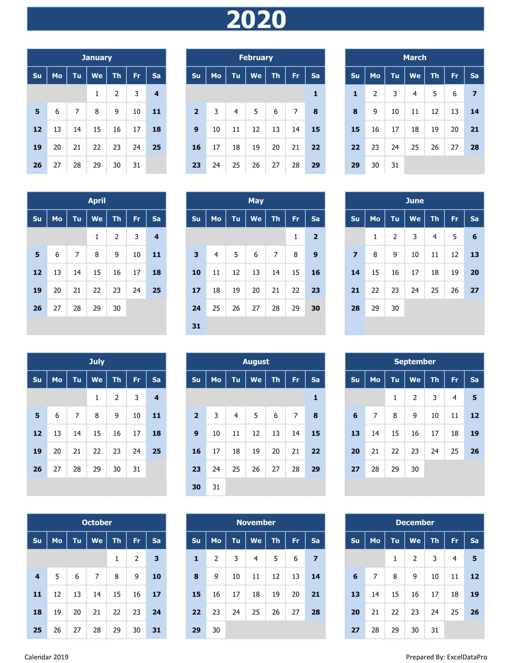 Free Yearly 2020 Calendar Printable Template Printable Calendar Riset