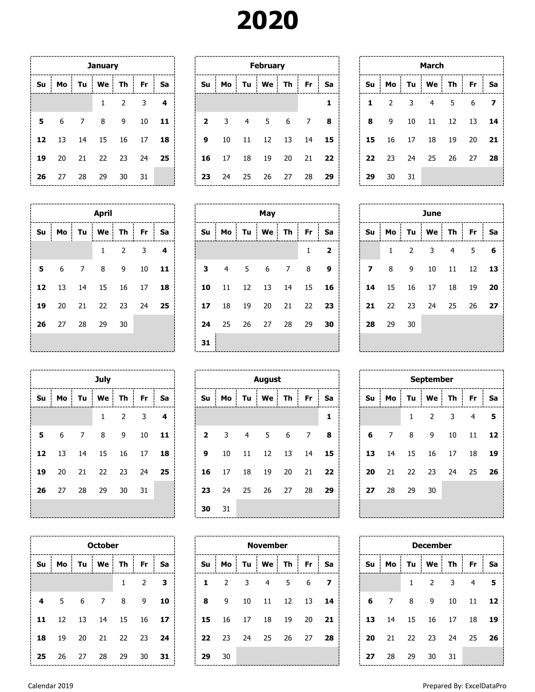 2020 Calendar Excel Templates Printable Pdfs And Images Exceldatapro