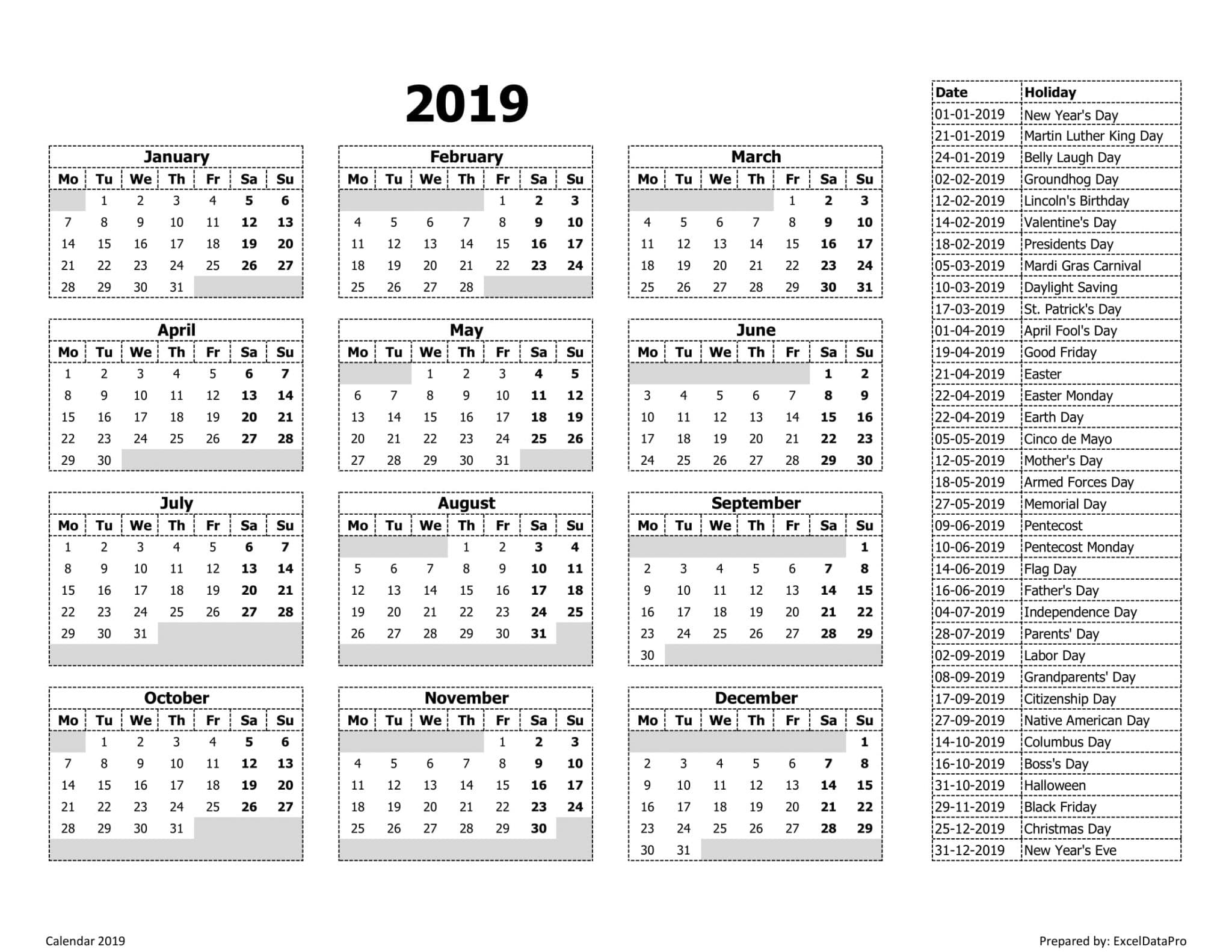 2019 Calendar Excel Templates Printable Pdfs And Images Exceldatapro