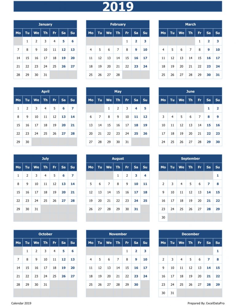 2019 Calendar Excel Templates Printable Pdfs And Images Exceldatapro