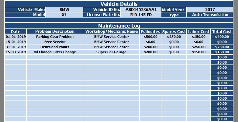 Sample Maintenance Log