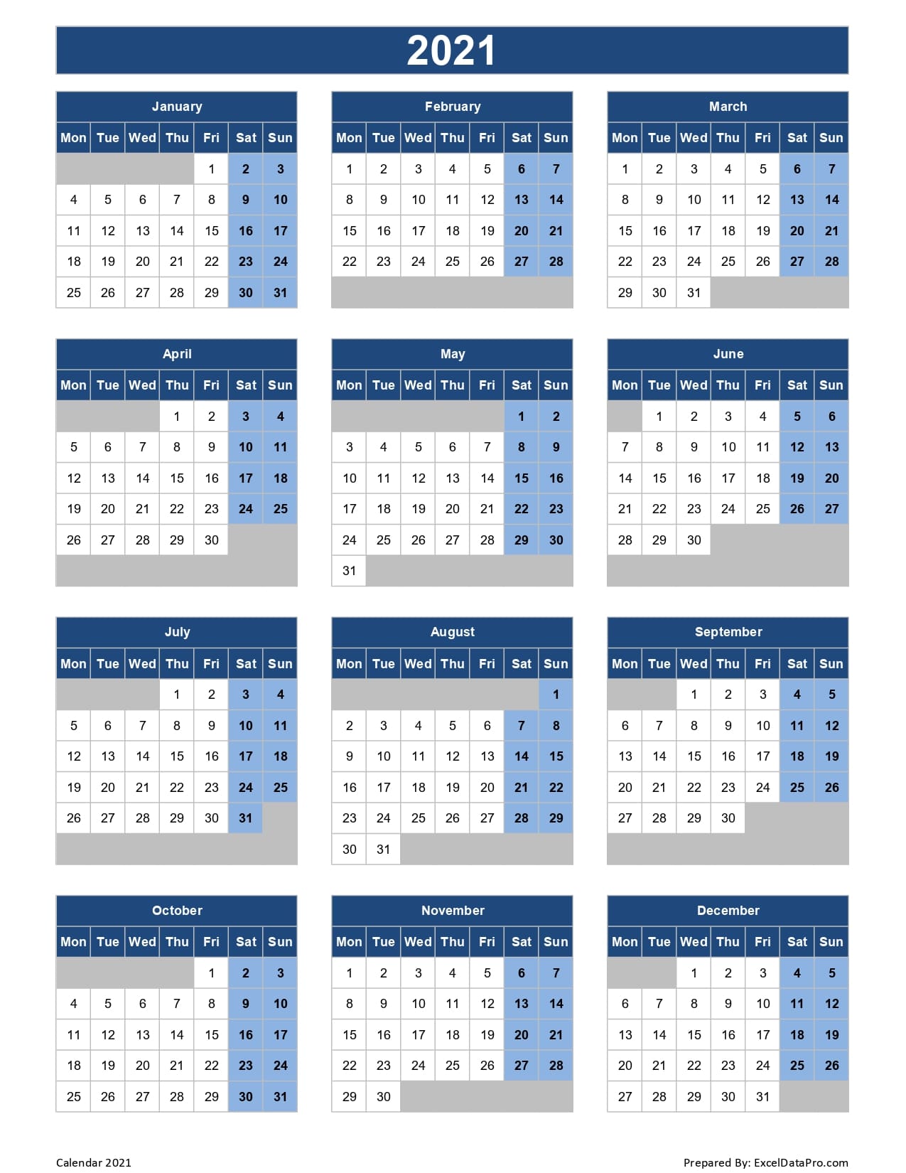 2021 Calendar Printable Excel