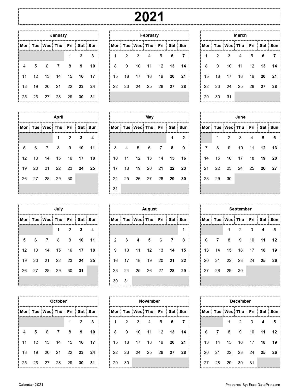 Printable 2021 Calendar With Week Numbers Starting Monday