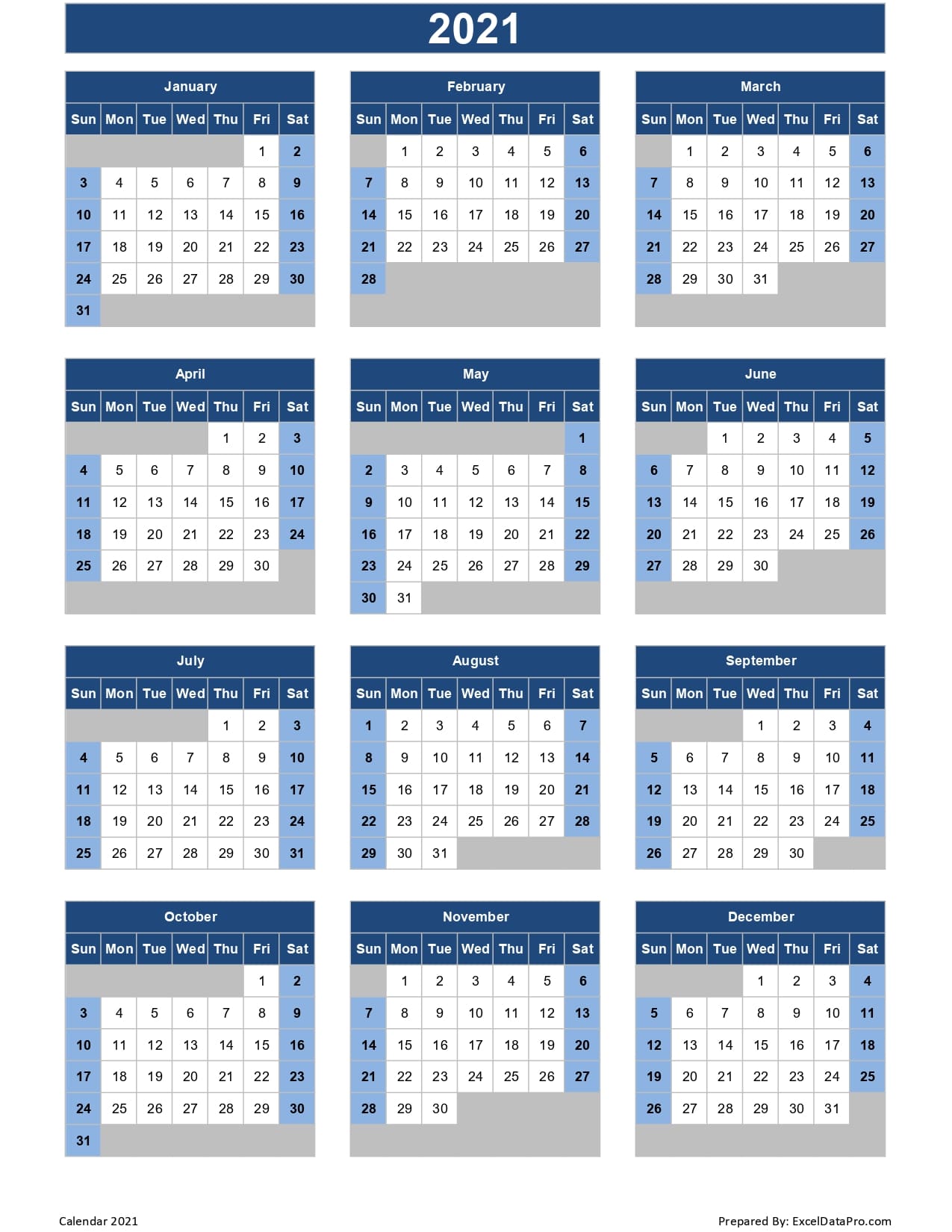 2021 Excel Calendar Free Yearly 2021 Calendar Printable Templates