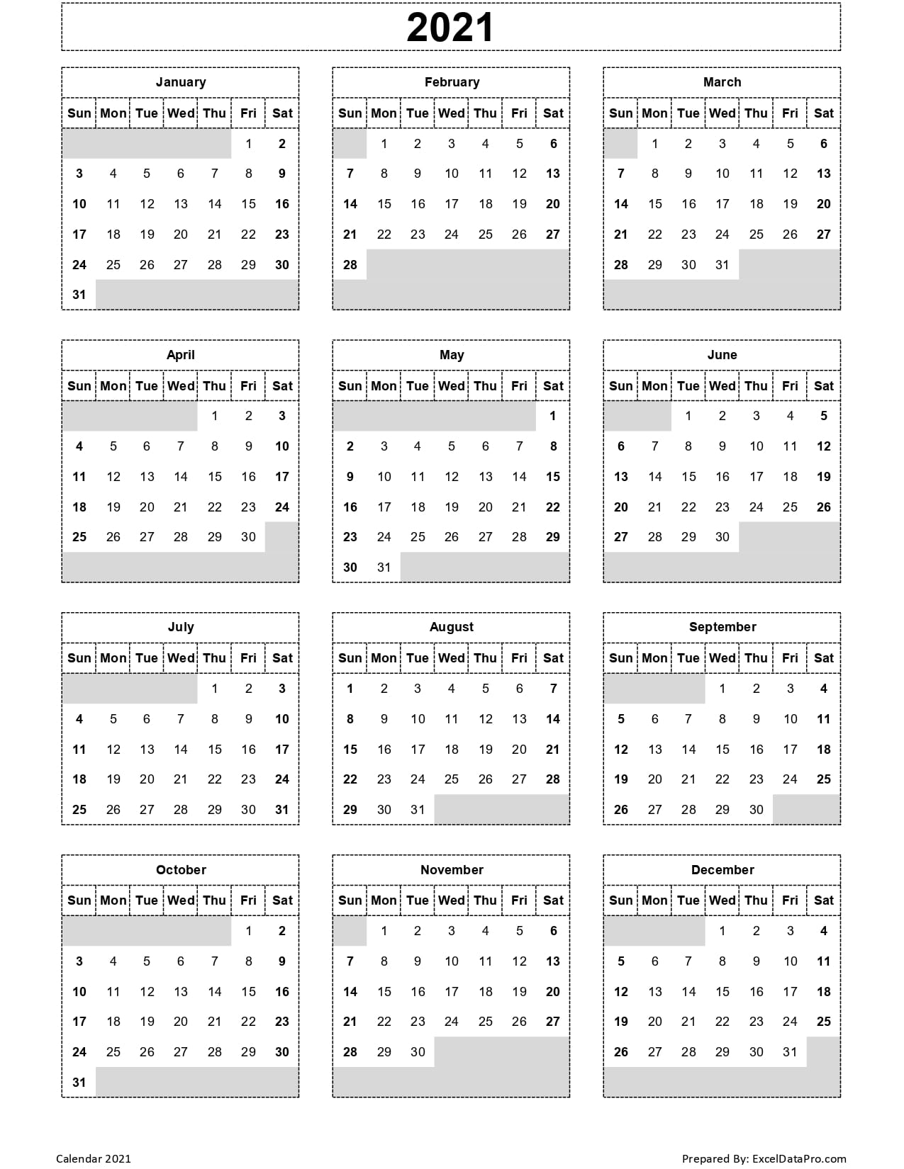 Small Yearly Calendar 2021 Printable Yearly Calendar