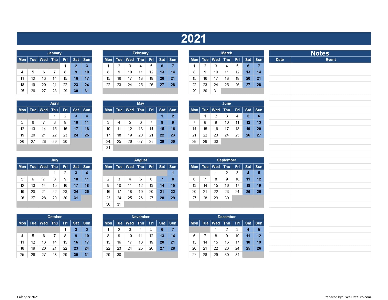 Download 2021 Yearly Calendar Mon Start Excel Template Exceldatapro