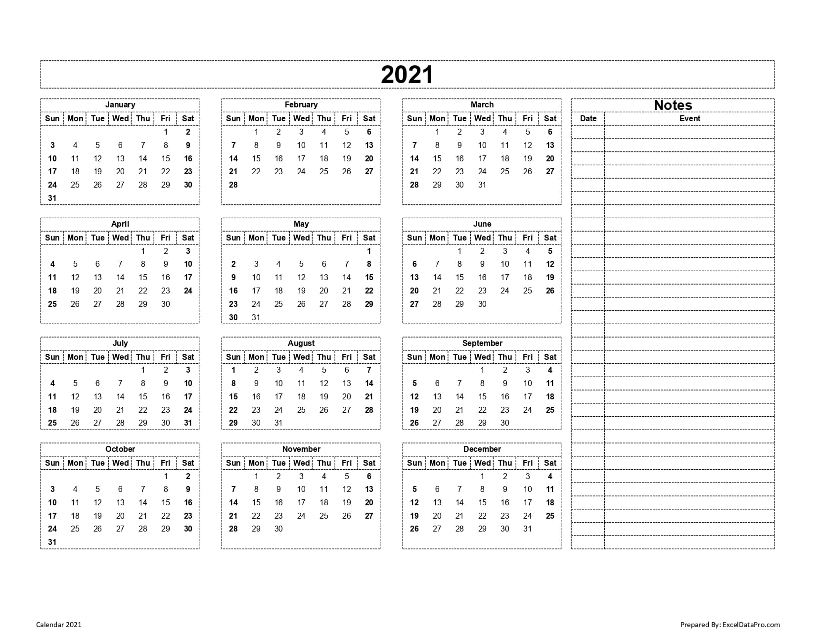 2021 Yearly Calendar With Notes Horizontal Layout
