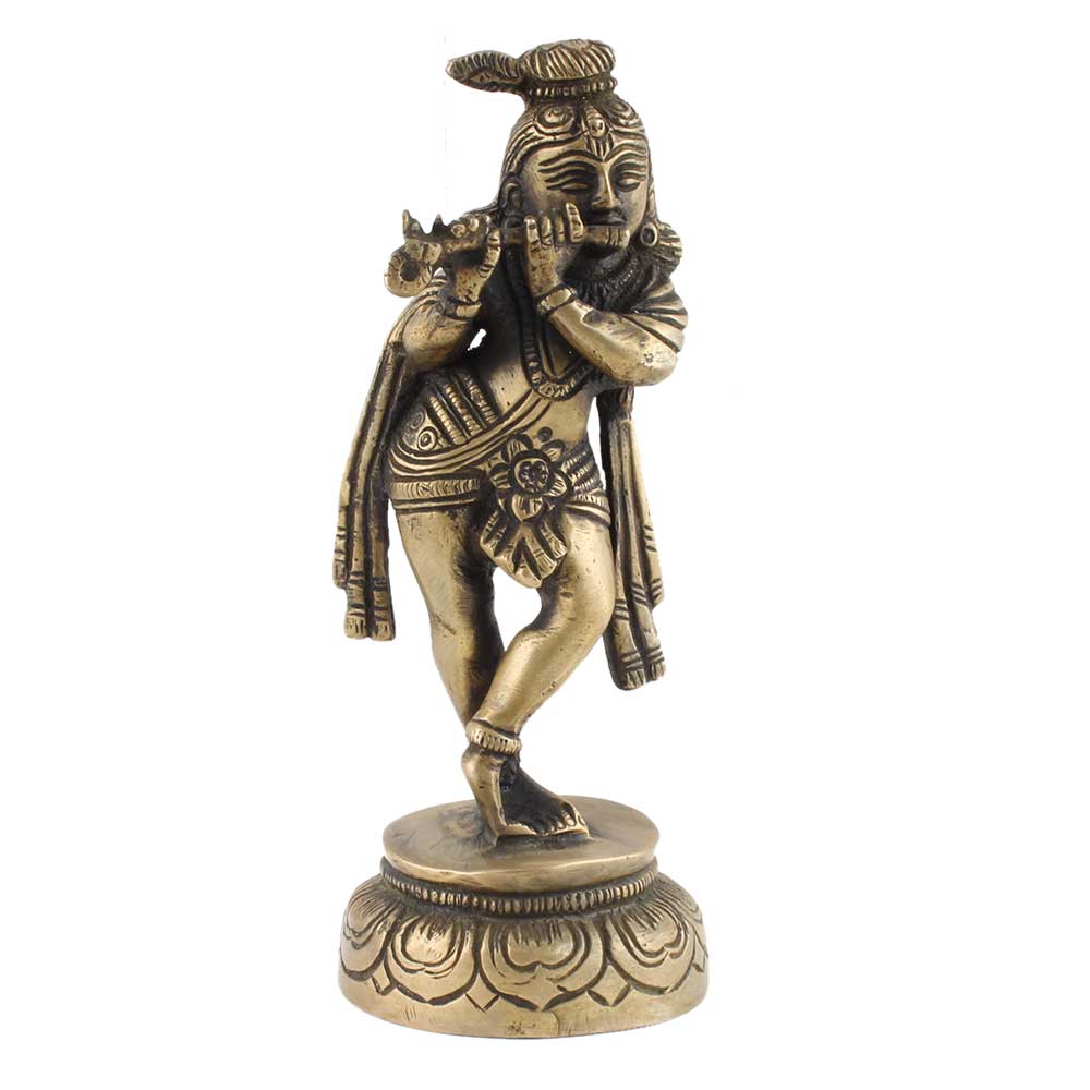 Young Brass Lord Krishna Playing Flute Statue