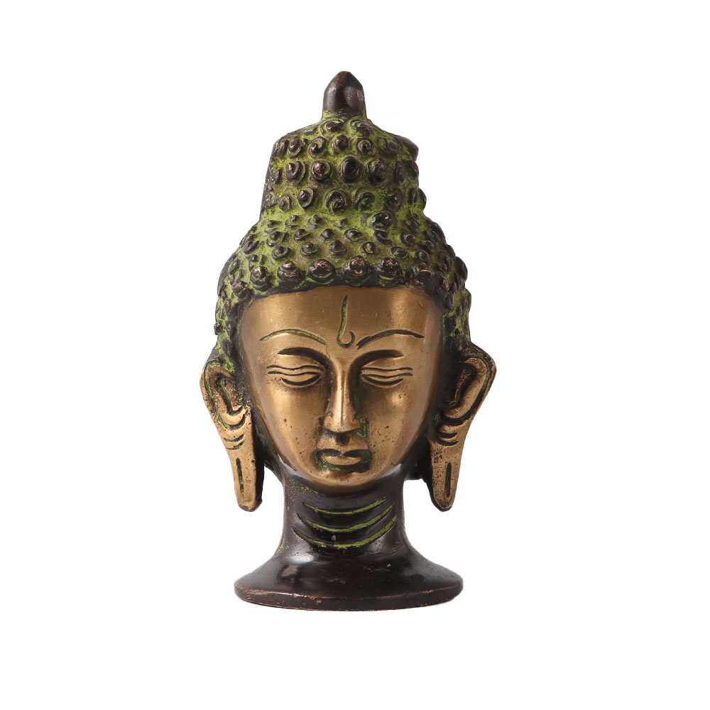 Brass Buddha Head Statue In Green Finish