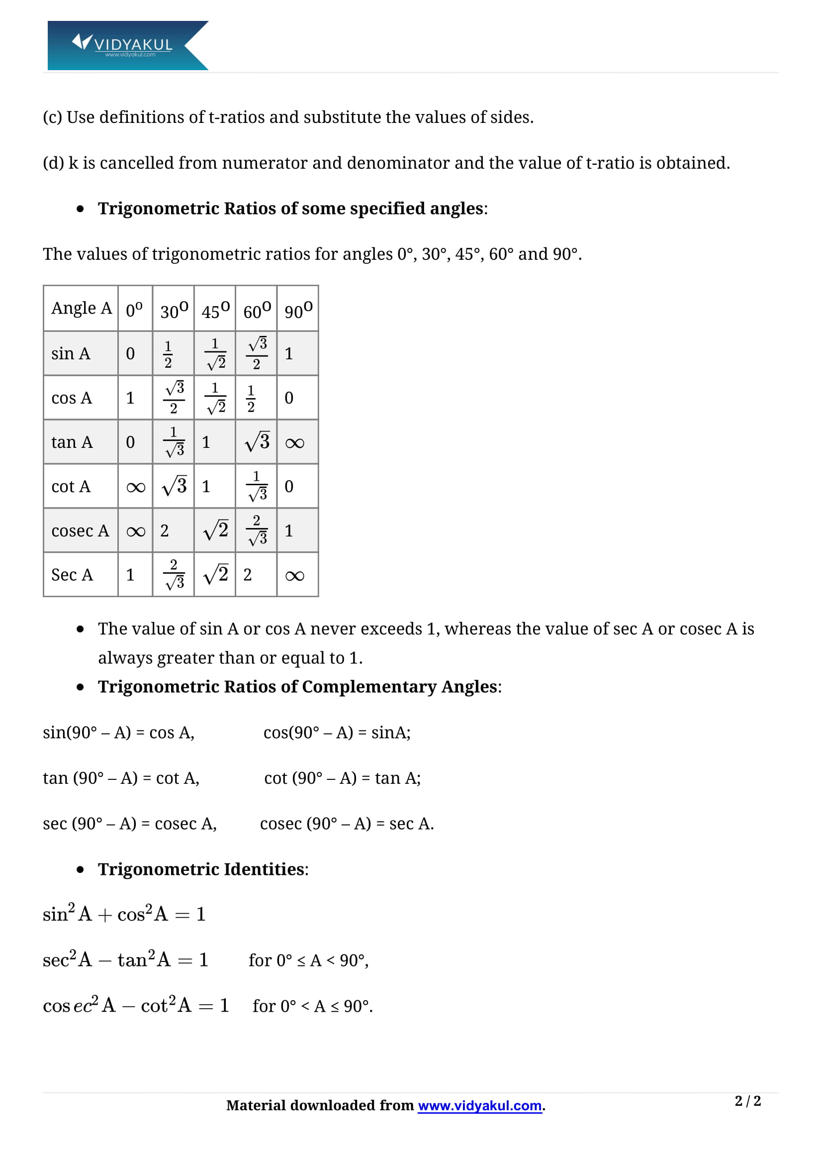 Class 10th Math Introduction To Trignometry Ncert Notes Cbse 2023