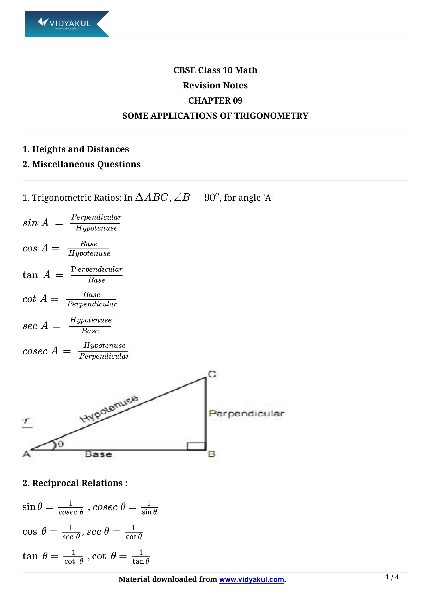 Class 10th Math Some Application Of Trignometry Ncert Notes Cbse 2023