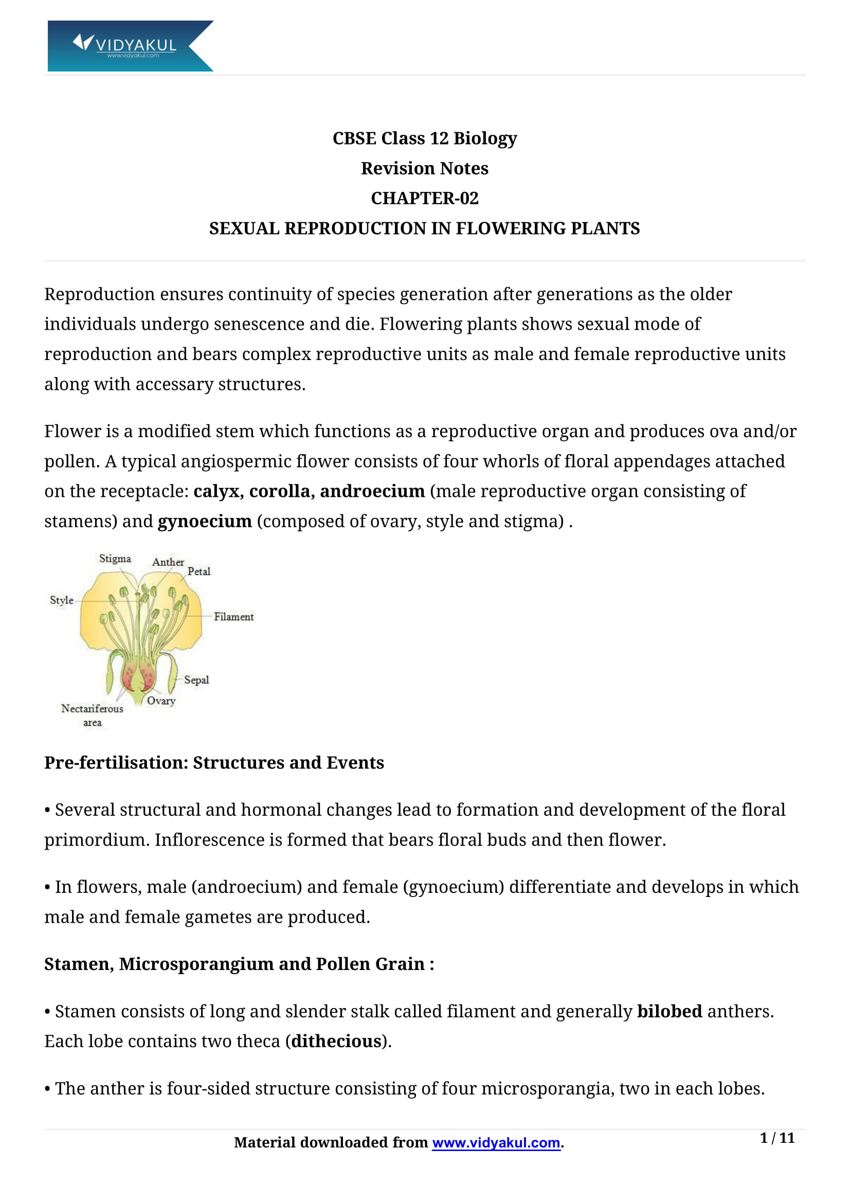 Sexual Reproduction In Flowering Plants Class 12 Notes Vidyakul