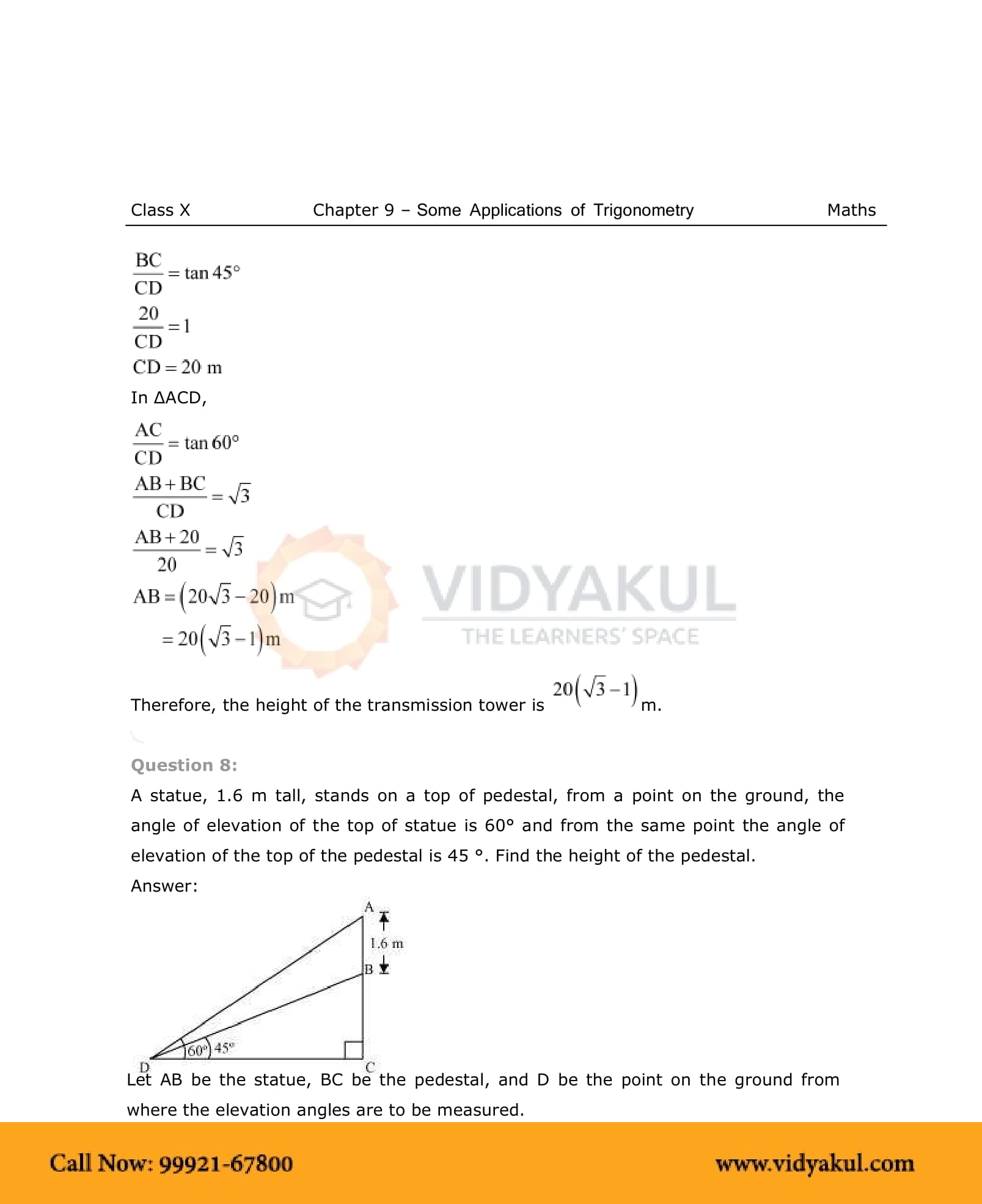 Class 10th Math Some Applications Of Trignometry Ncert Solution Cbse 2023