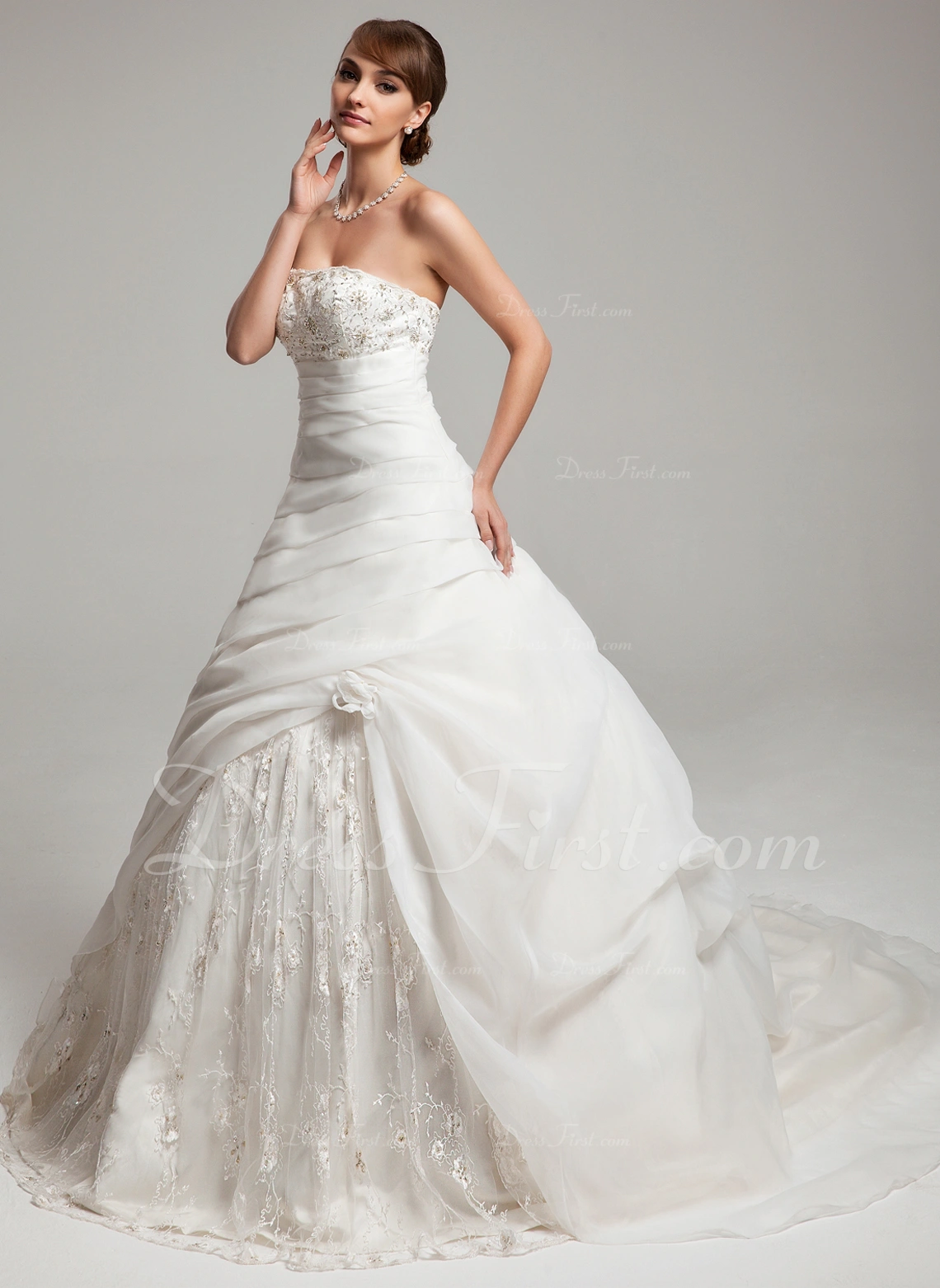 Ball Gown Sweetheart Court Train Organza Lace Wedding Dress With Ruffle