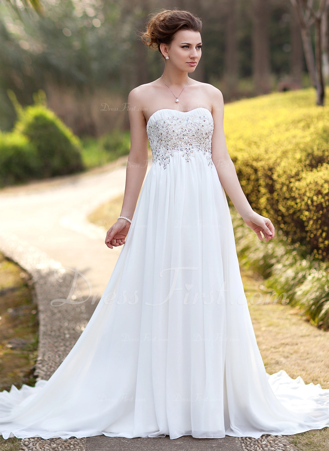 Empire Sweetheart Court Train Chiffon Wedding Dress With Ruffle Lace