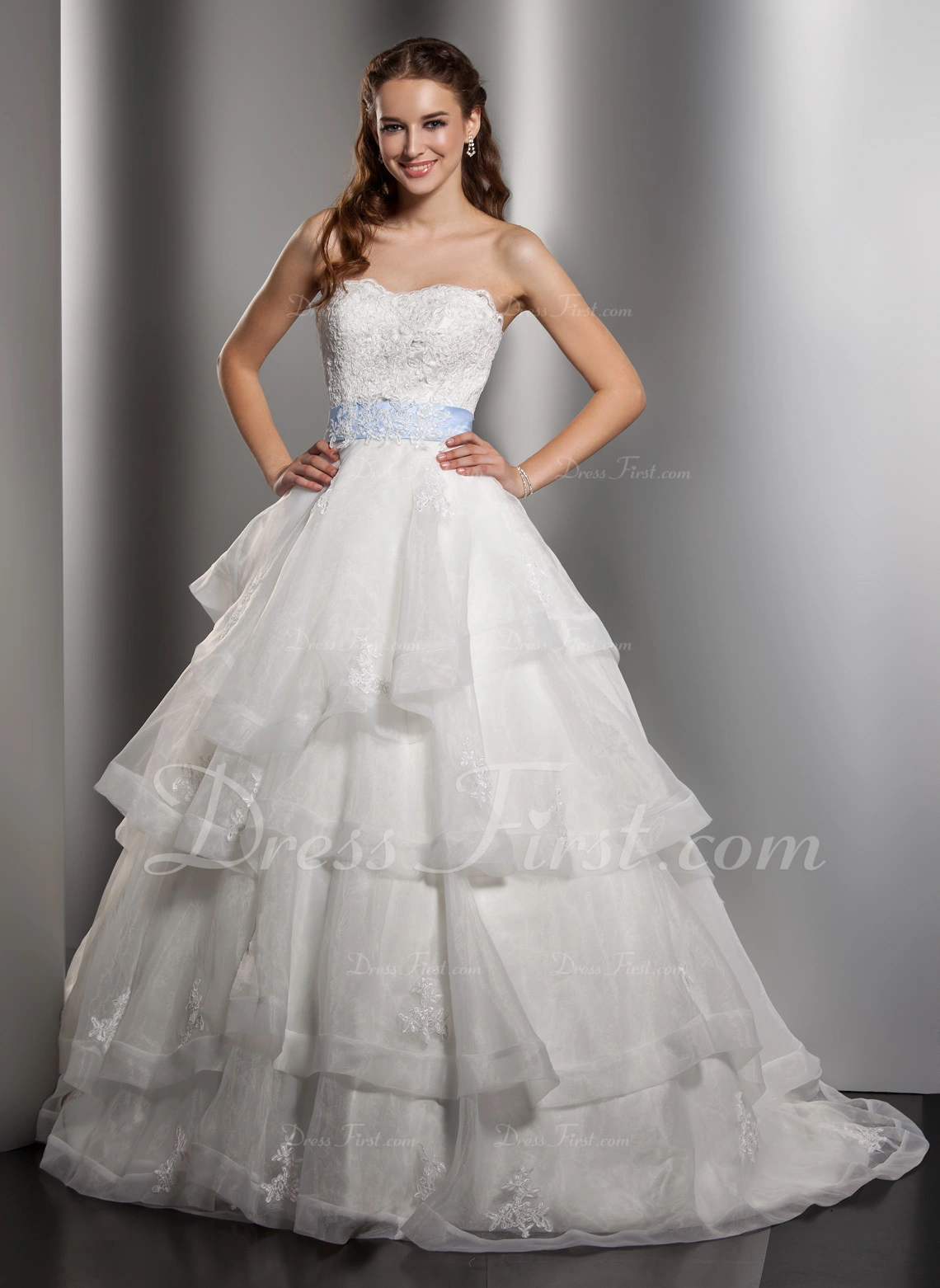 Ball Gown Sweetheart Chapel Train Organza Wedding Dress With Lace Sash